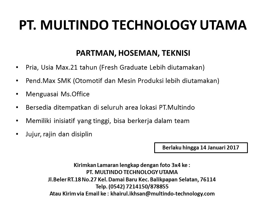 Lowongan Kerja Kota Balikpapan: Lowongan PT. MULTINDO TECHNOLOGY UTAMA
