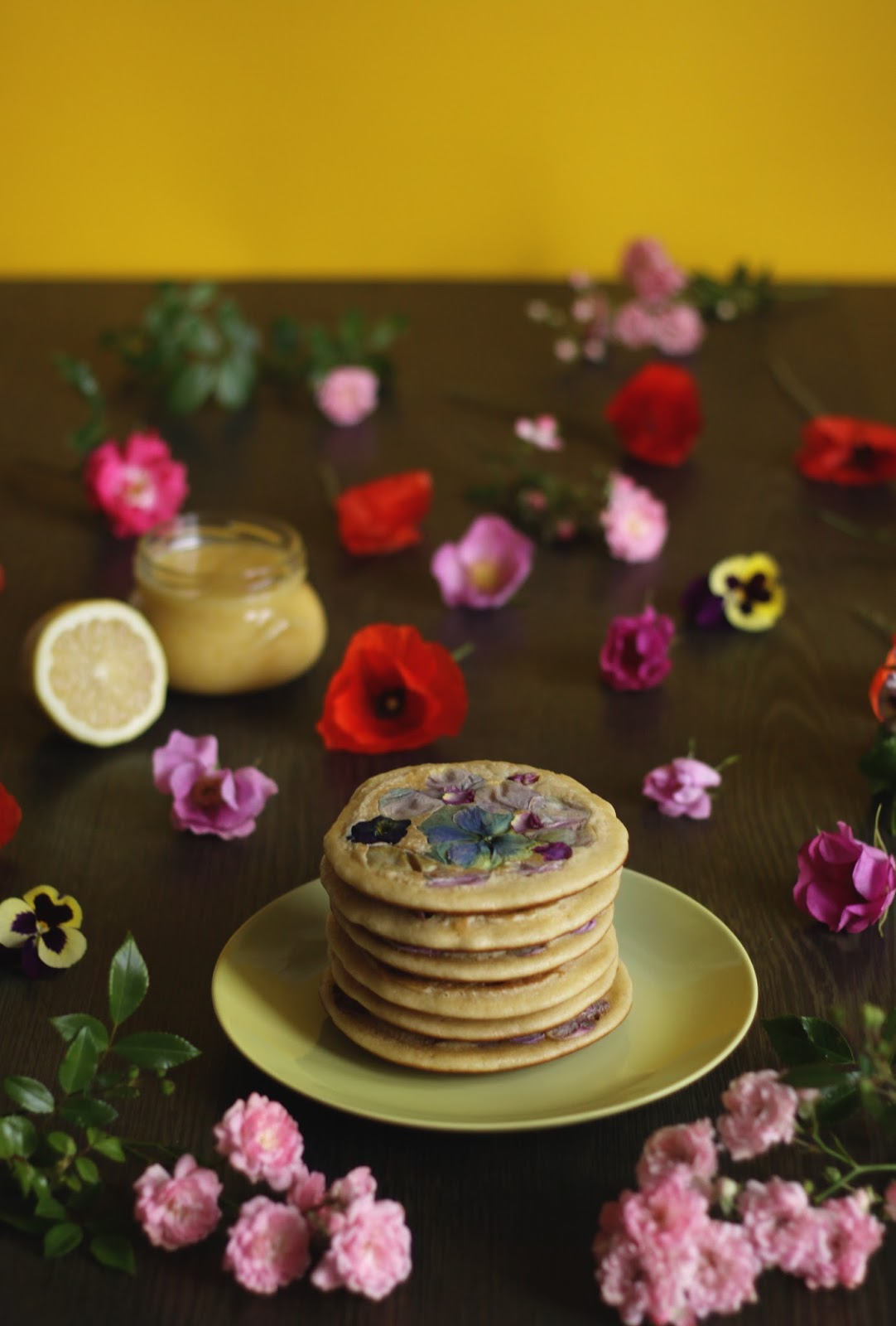 Pancake Stories: Pancakes with Edible Flowers and Homemade Lemon Curd