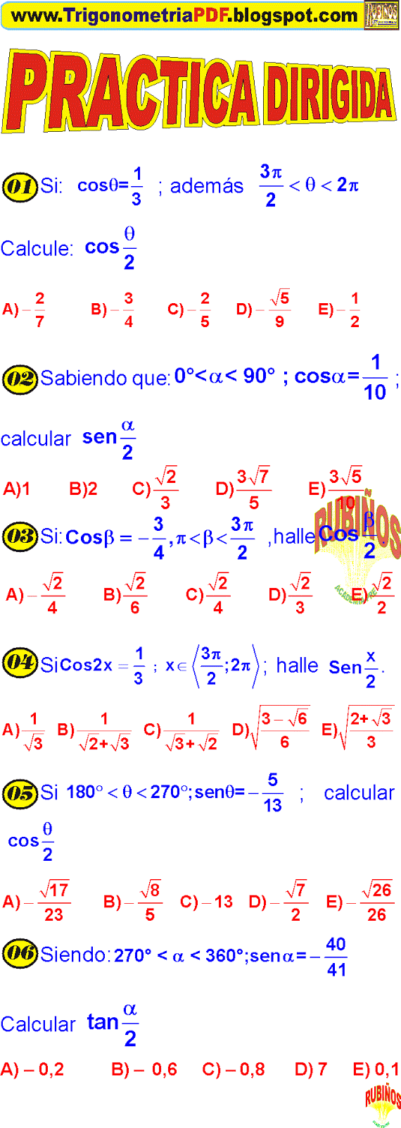 IDENTIDADES DEL ANGULO MITAD EJERCICIOS RESUELTOS DE TRIGONOMETRIA PDF