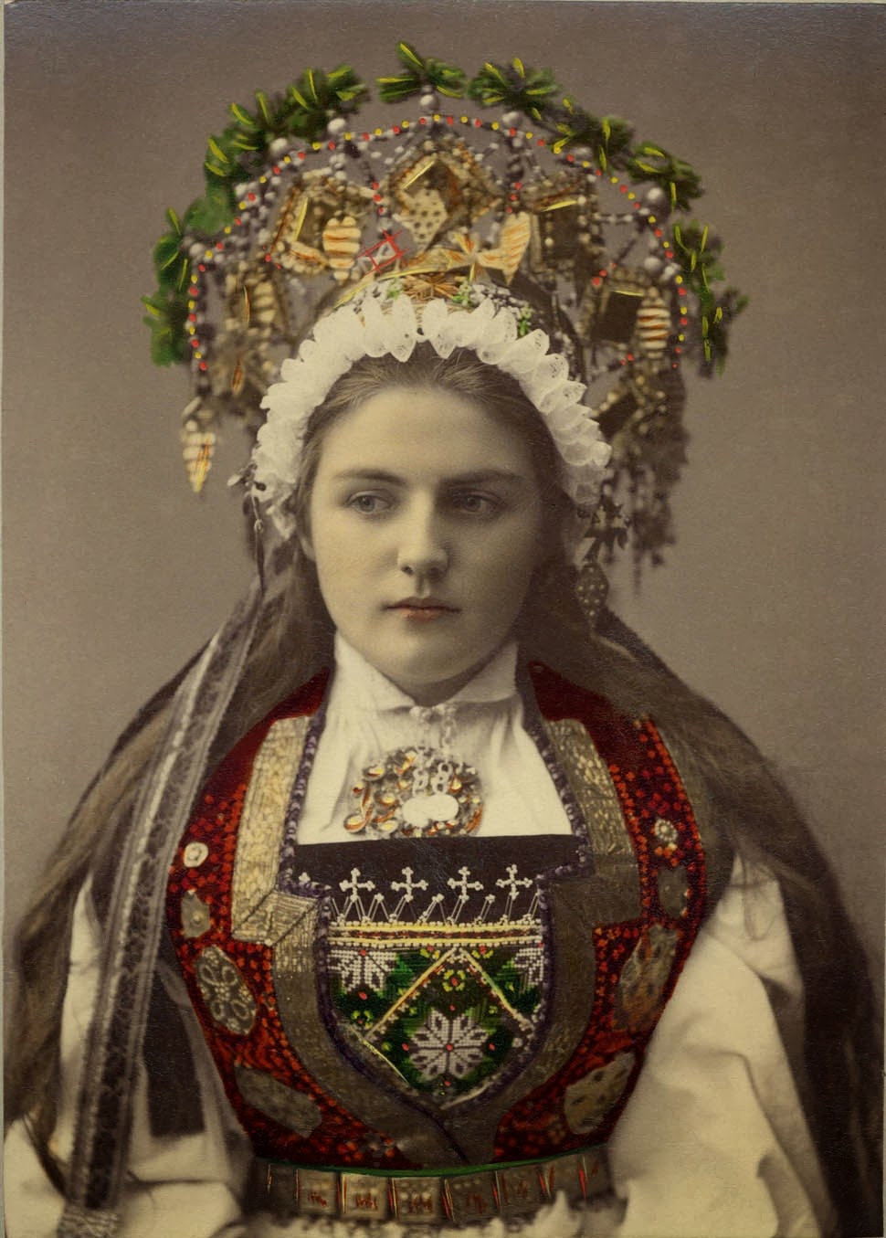 Local style: Traditional wedding costume and headdress of Europe