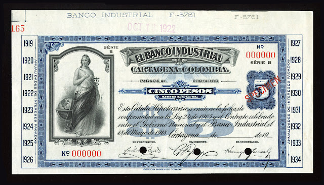 Colombia $5 Colombian pesos banknote 1922 El Banco Industrial Cartagena ...