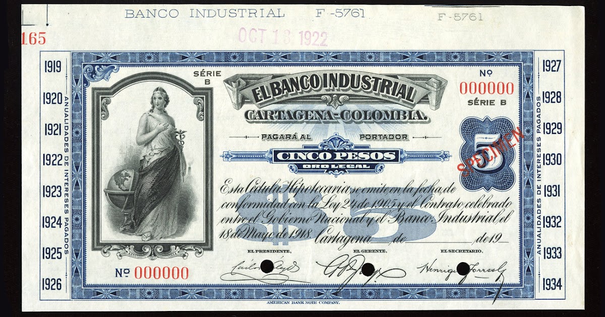Colombia $5 Colombian pesos banknote 1922 El Banco Industrial Cartagena ...