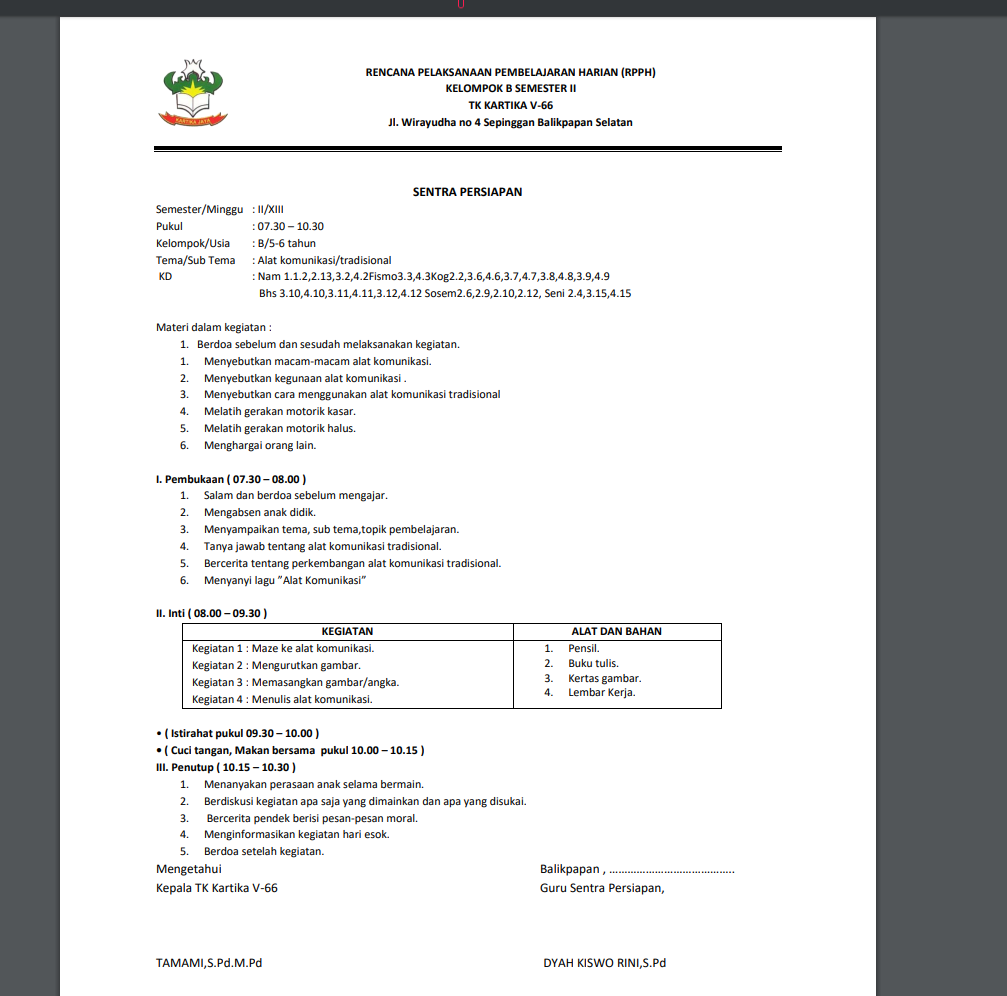 Download Contoh RPP 1 Lembar - Tematik PAUD/TK - Alat Komunikasi ...