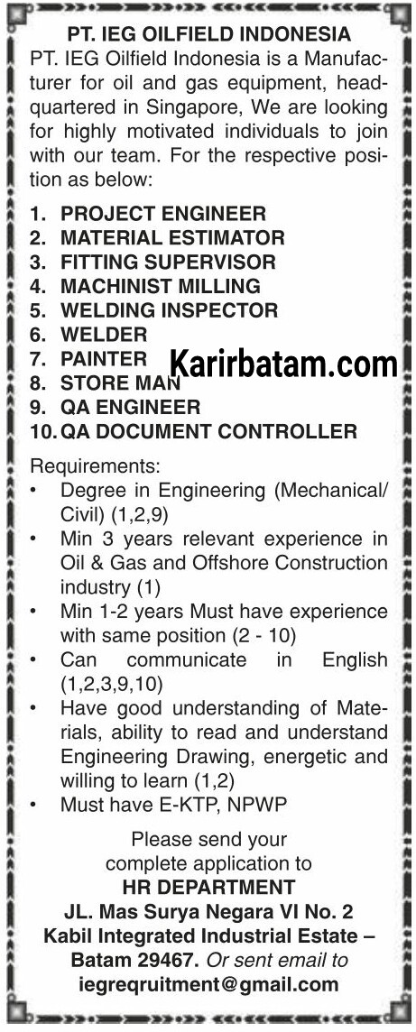 Lowongan Kerja PT. IEG Oilfield Indonesia - Lowongan Kerja Batam 2022