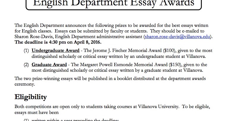 Villanova English: English Department Essay Awards Reminder