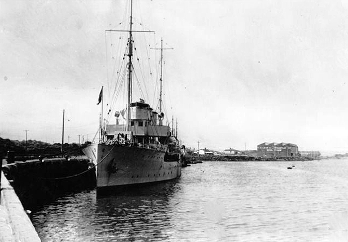transpress nz: NZ navy ship 'Laburnum' in Castlecliff, near Wanganui, 1920s