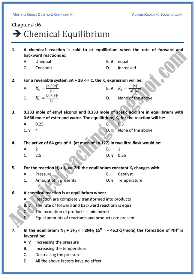 Adamjee Coaching: XI Chemistry MCQs - Chemical Equilibrium