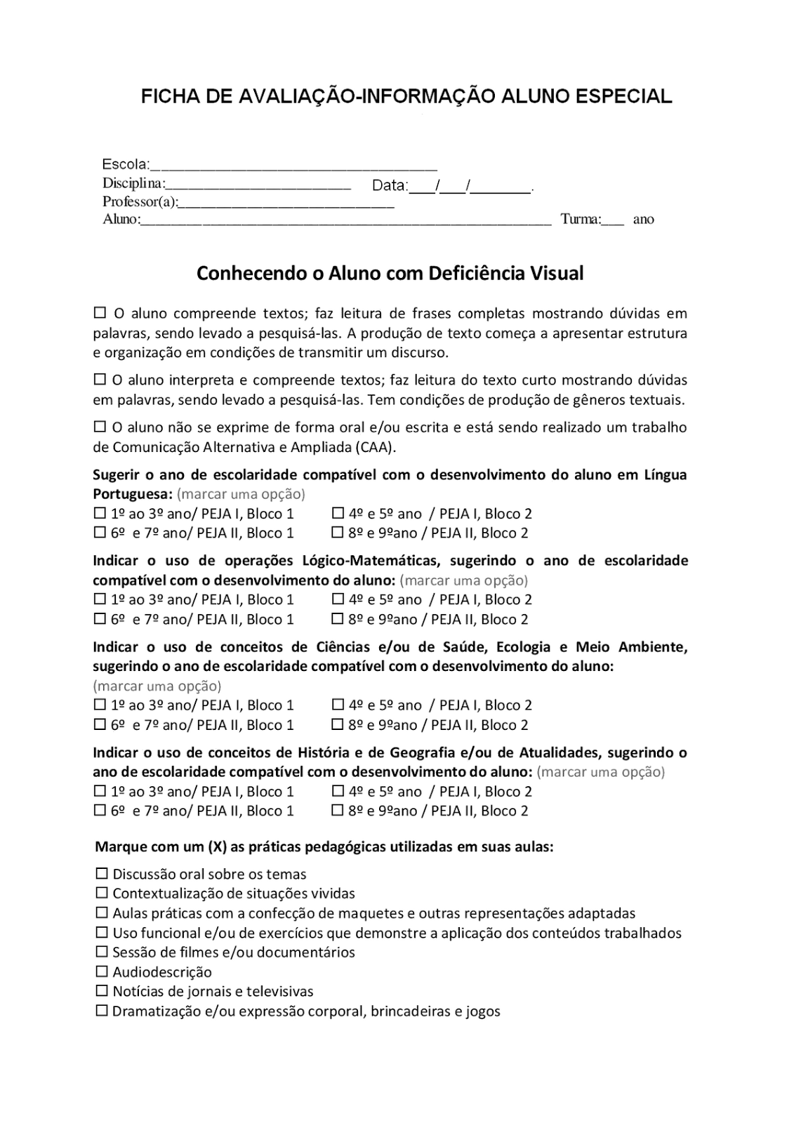 Escola Tiragem Portal: FICHAS DE AVALIAÇÃO DIAGNÓSTICA ALUNOS ESPECIAIS ...
