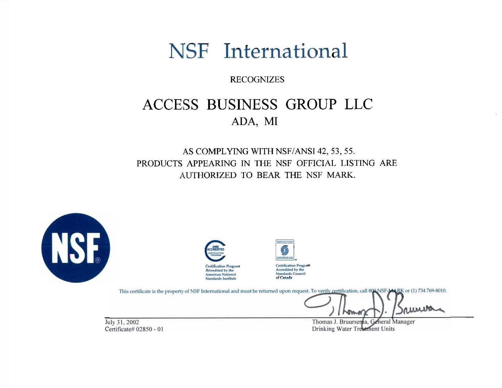 HOME, NUTRITION & BEAUTY: NSF INTERNATIONAL CERTIFICATION FOR ESPRING