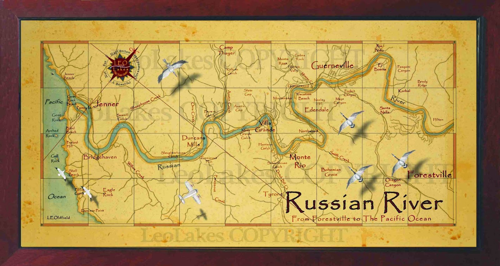Old field Studio & Leo Lakes: Russian River vintage style map