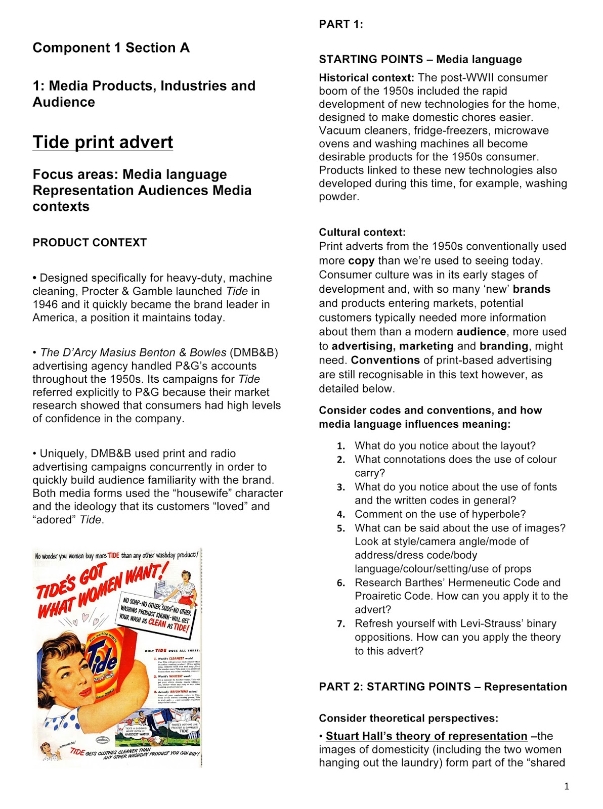 A level Media Studies 2017-19 CHCHS (Eduqas) : TIDE PRINT ADVERT ...