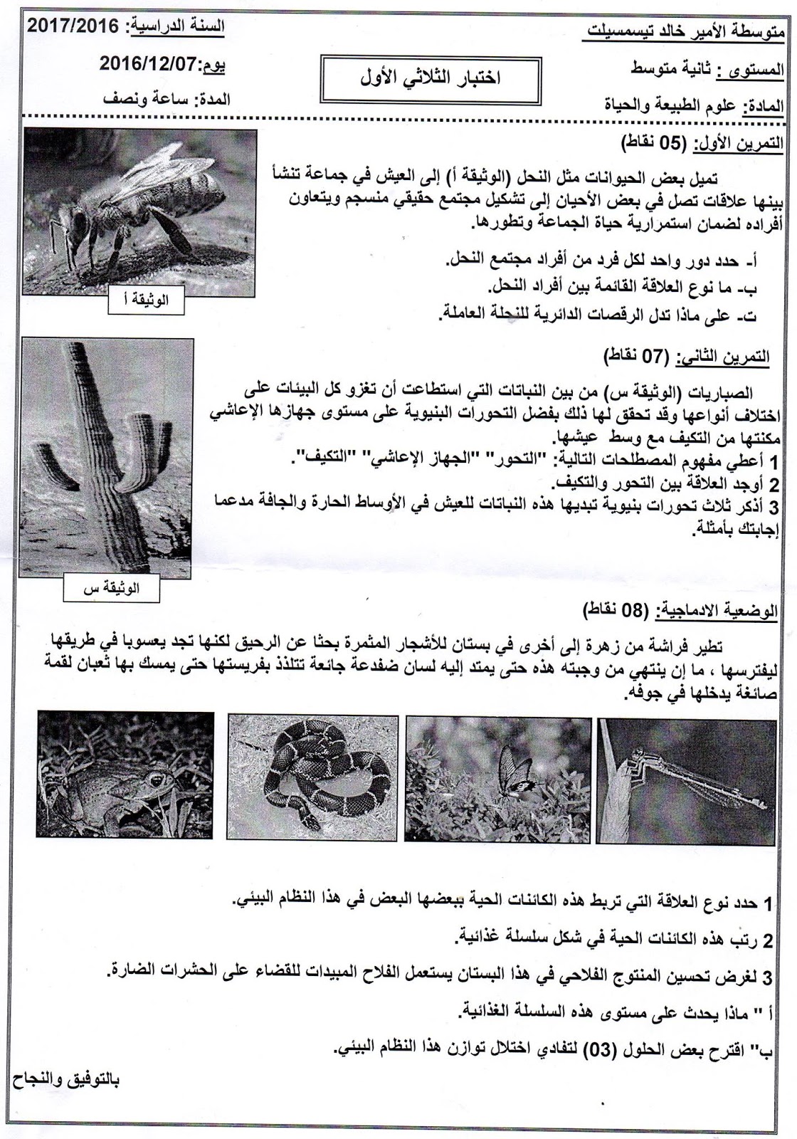 تحميل اختبار العلوم الطبيعية للفصل الاول السنة الثانية متوسط