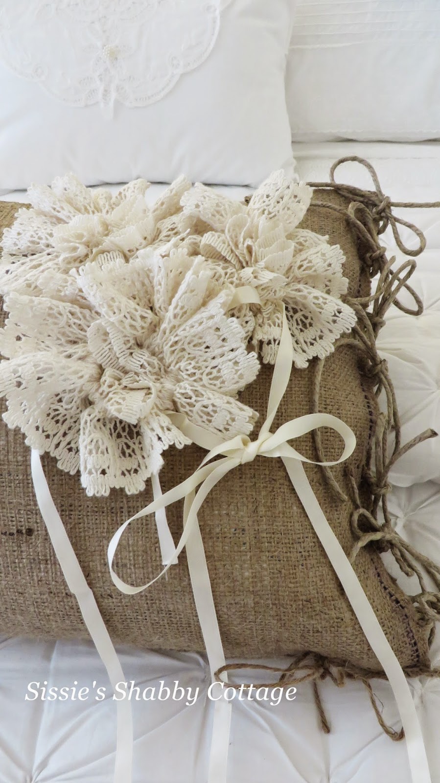 Sissie's Shabby Cottage: Love Forever....Burlap and Lace Pillows...