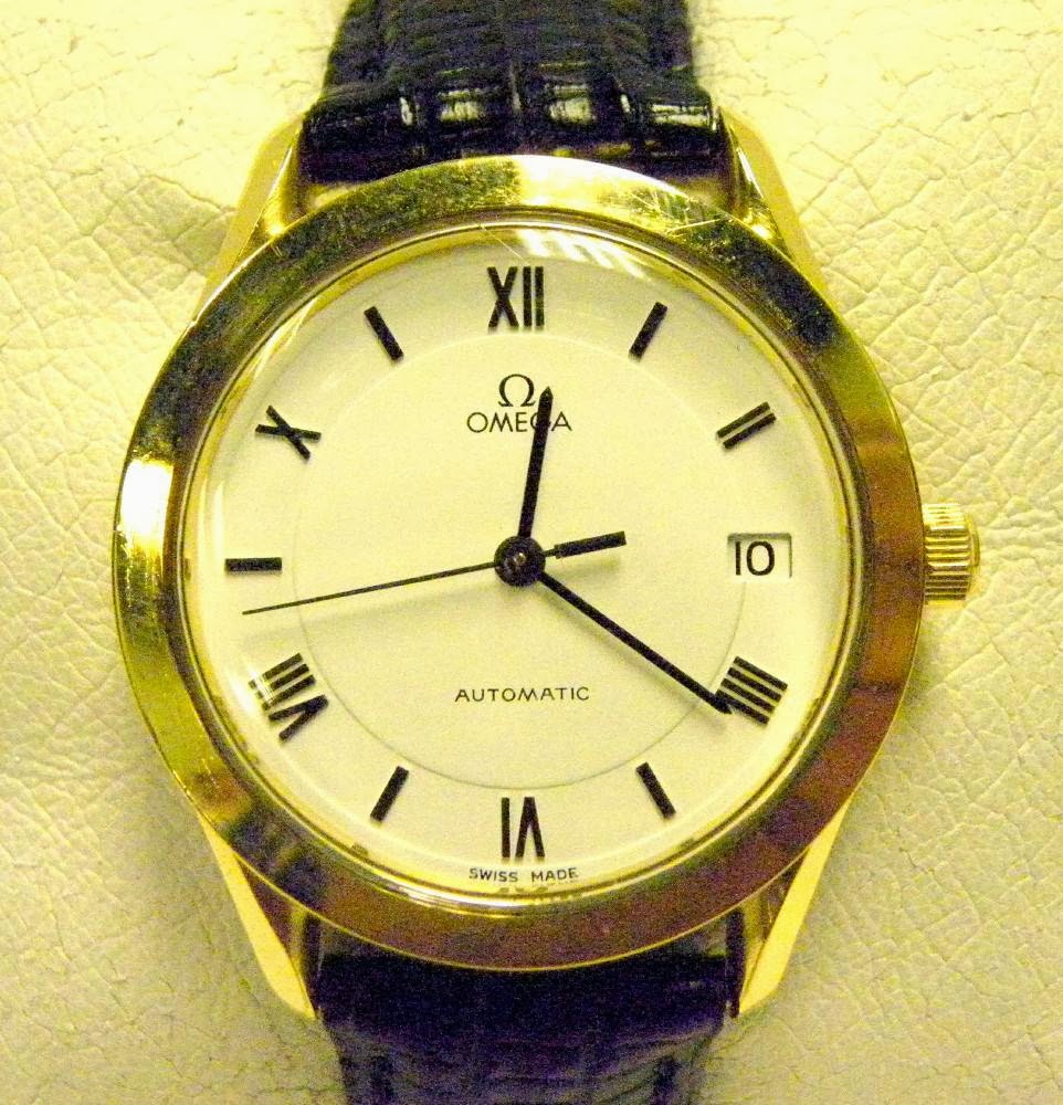 OMEGA SWISS 18K GOLD 1970s ROMAN DIAL DATE AUTOMATIC LEATHER BAND WATCH ...