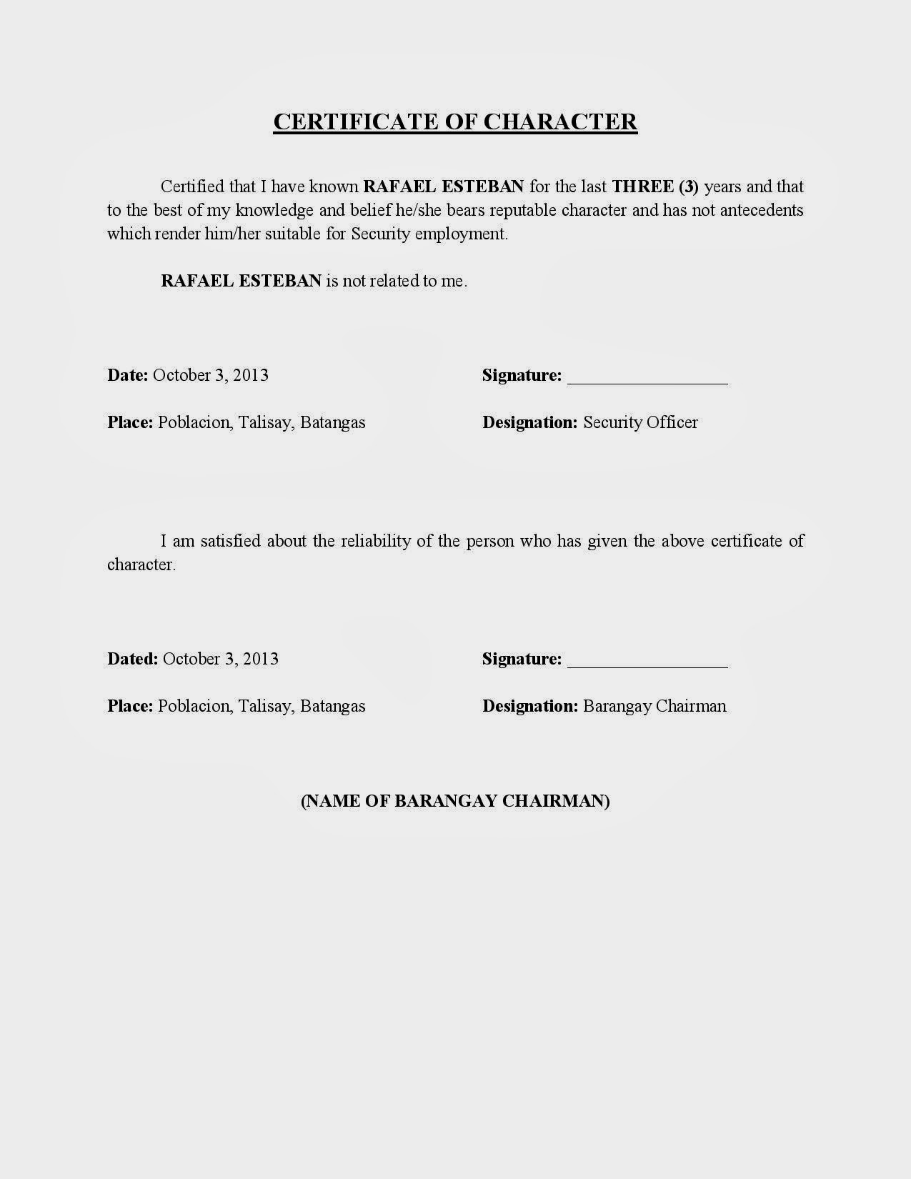 CERTIFICATE OF CHARACTER (SAMPLE)