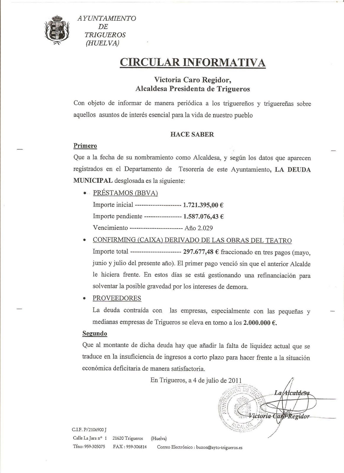 Trigueros blog: Circular Informátiva de nuestra Alcaldesa