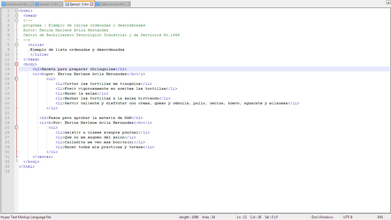 Ejemplo de lista ordenadas y desordenadas