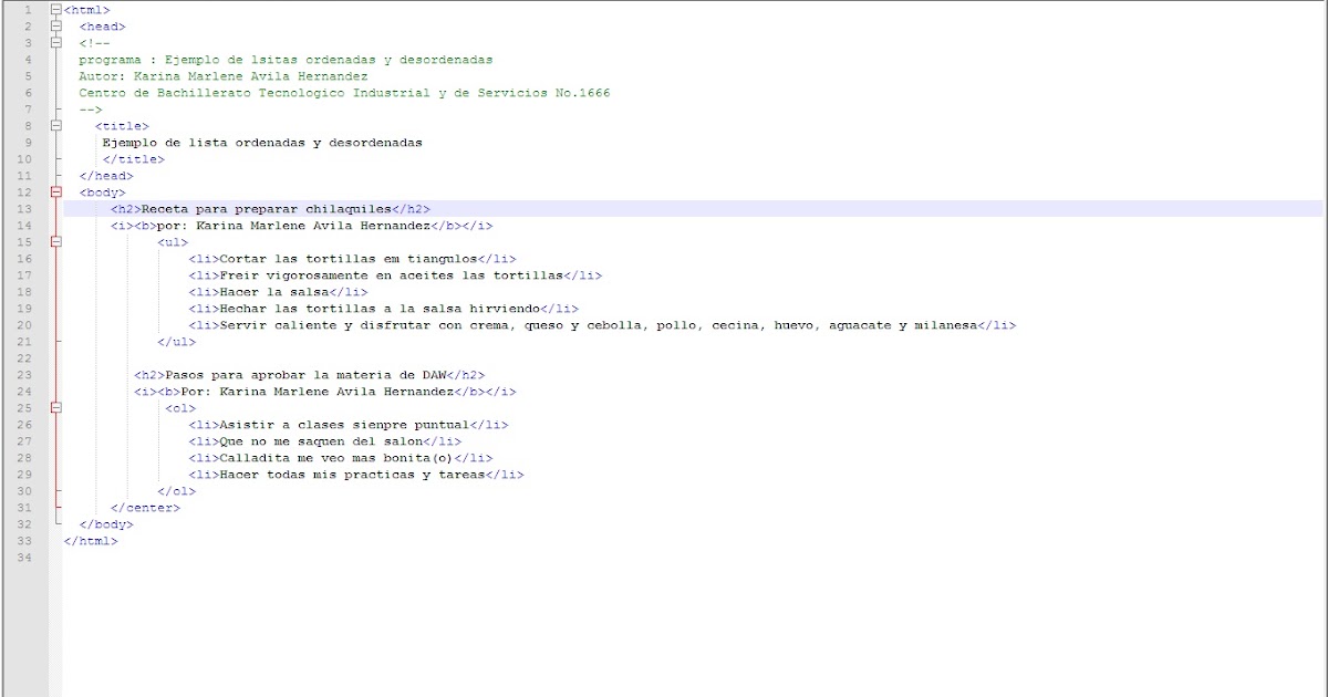 Ejemplo de lista ordenadas y desordenadas