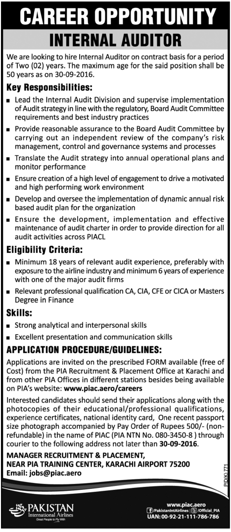 Internal Auditor Required in Pakistan International Airlines PIA