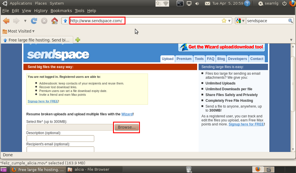Dodo: Como subir un fichero a SendSpace
