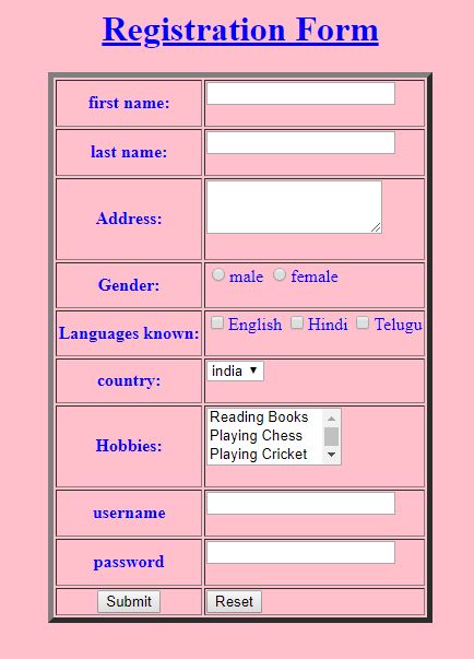 Html Web Pages: Registration Form web page desing using html