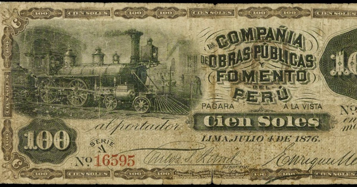 Peru 100 Soles banknote 1876 Compania de Obras Publicas y Fomento del ...