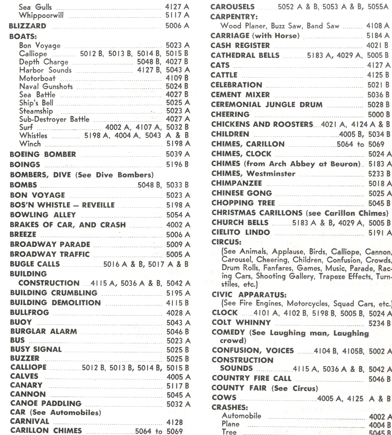 VINTAGE THEATRE CATALOGS: 1960 MAJOR SOUND EFFECTS CATALOG -- 1961 MOOD ...