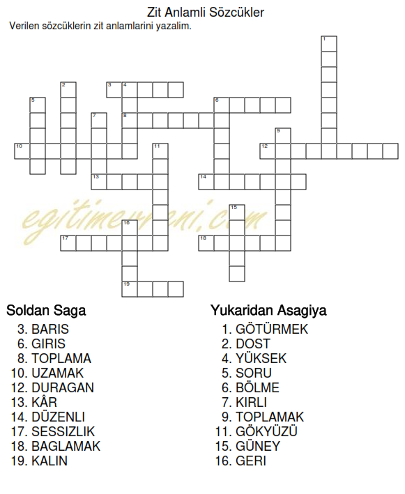Zıt Anlamlı Sözcükler Bulmaca Çöz - Aktif Sınıf
