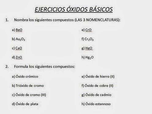 Tema 8- Formulación: Óxidos básicos- Ejercicios