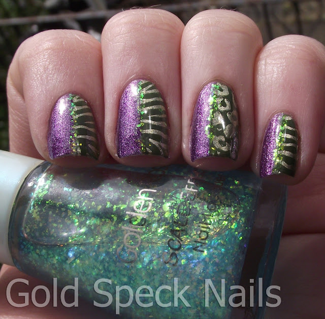 Gold Speck Nails: Green, Purple And Gold Animal Print