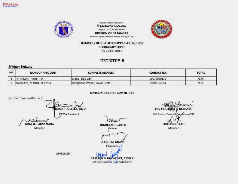 DepEd Memos, Orders & Results: RQA Secondary - Values (Registry B)