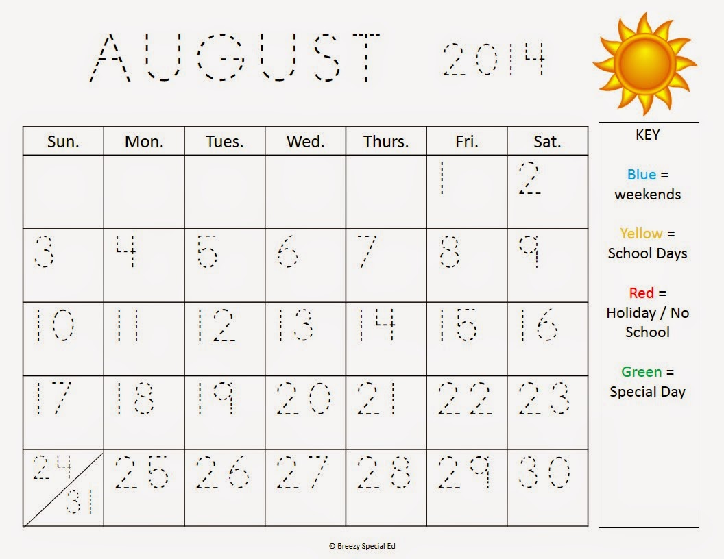 Monthly Calendar Worksheets + August Freebies! - Breezy Special Ed