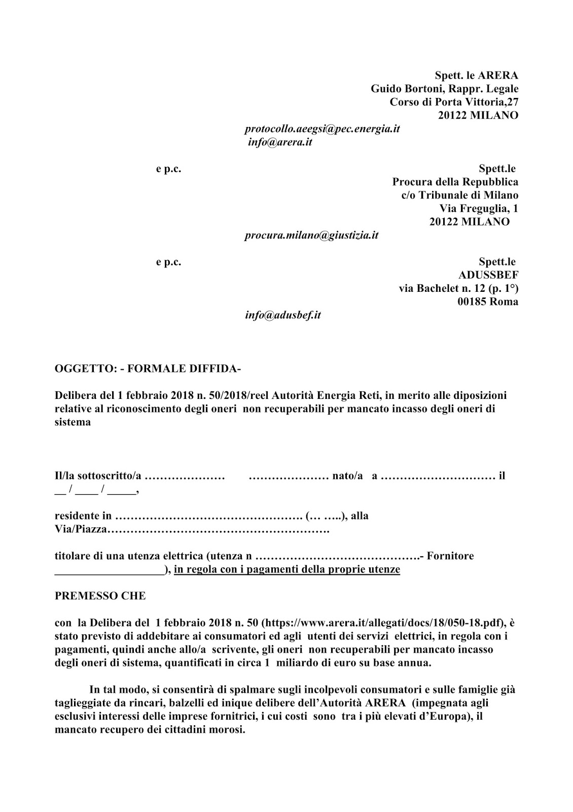 Problemi quotidiani: Adusbef: modulo per diffida addebito bolletta ...