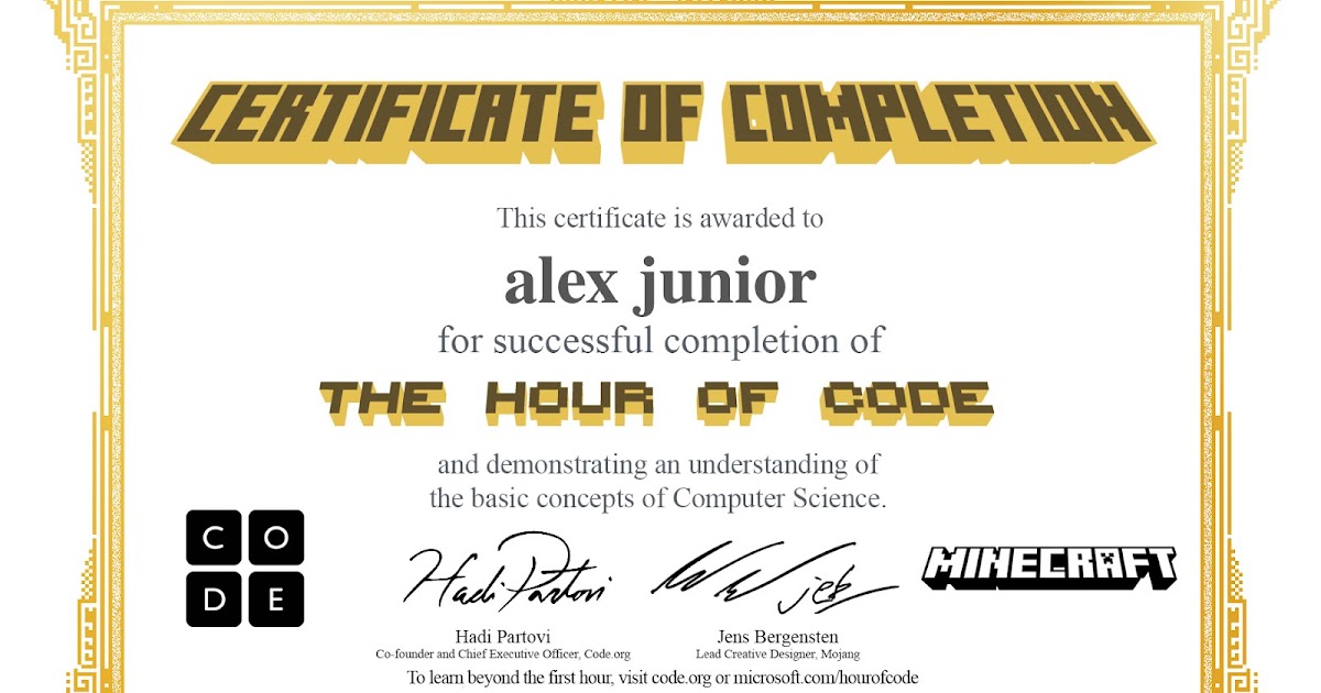 Primeiros certificados do Junior - The Hour Of Code - MineCraft