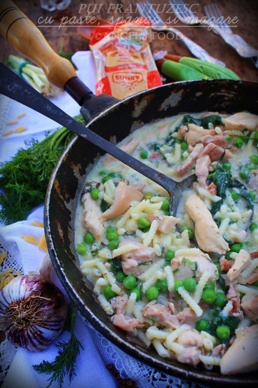 Angel's food: Pui frantuzesc cu mazare, spanac si paste gartene