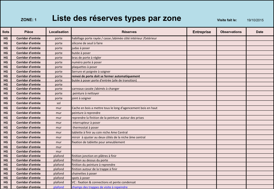 Liste des réserves types par zone xlm - COURS DE BATIMENT ET GENIE CIVIL
