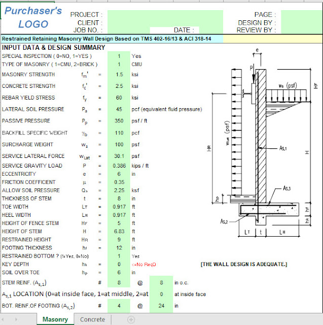 Restrained Retaining Masonry and Concrete Wall Design Excel Sheet