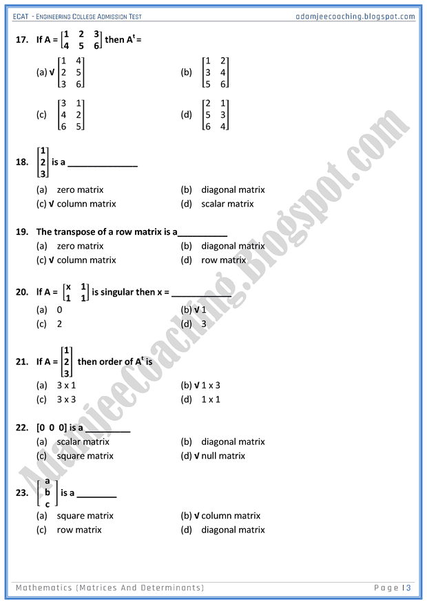 Adamjee Coaching: ECAT Mathematics [Matrices and Determinants] Mcqs for ...