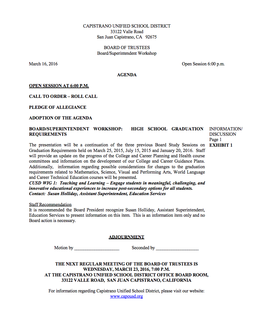 CUSD WORKSHOP RE: HIGH SCHOOL GRADUATION REQUIREMENTS | San Juan ...