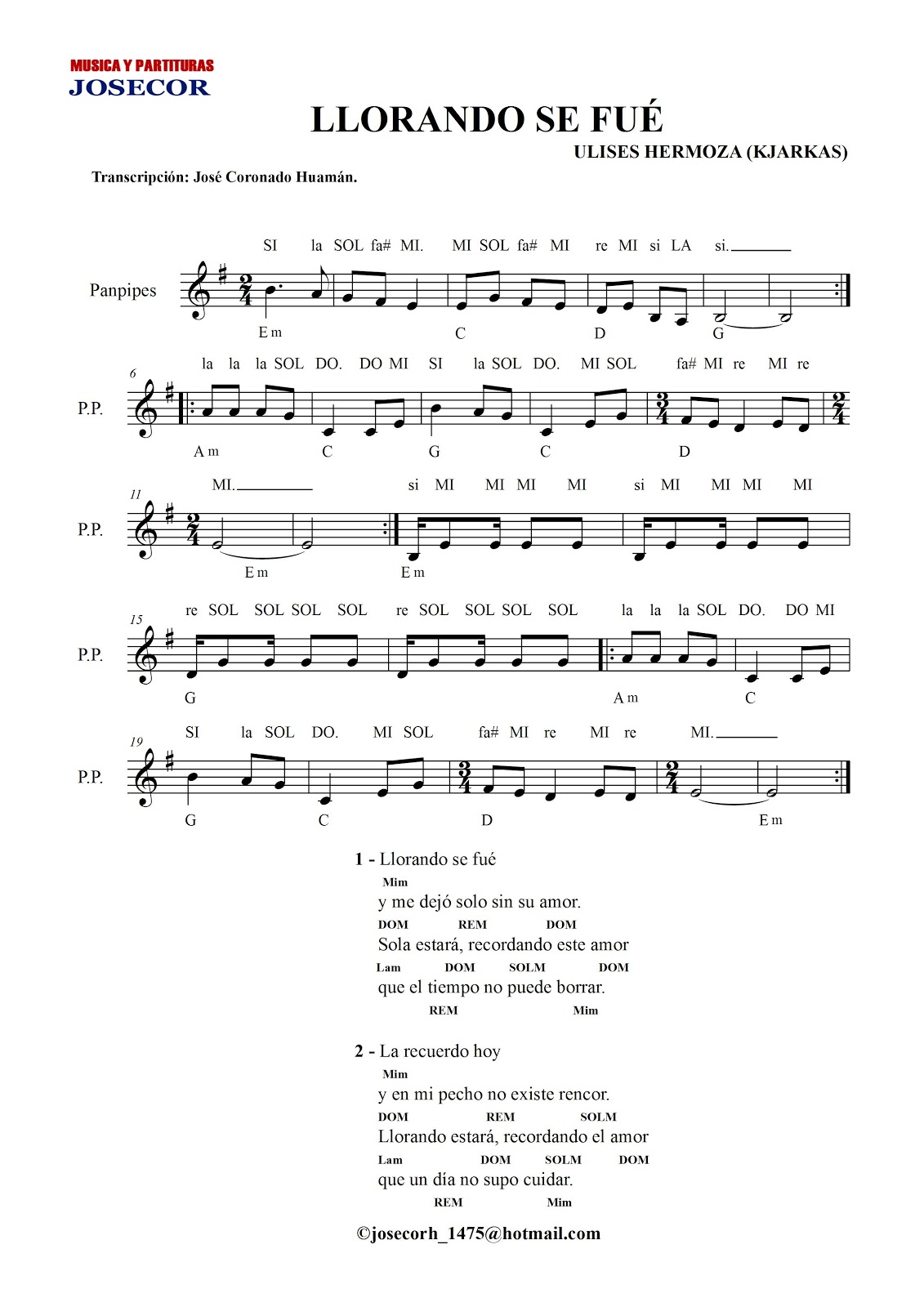 MÚSICA Y PARTITURAS JOSECOR: LLORANDO SE FUE