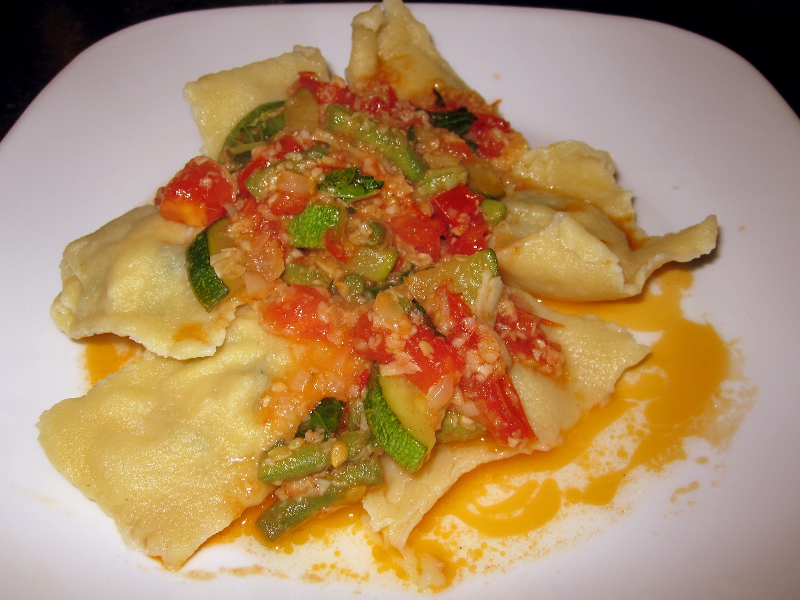 Cheeseburger in Glacial Ice: Chicken and Basil Ravioli with Veggies in ...