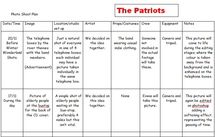 Jamie Watts: Photo-shoot Plan