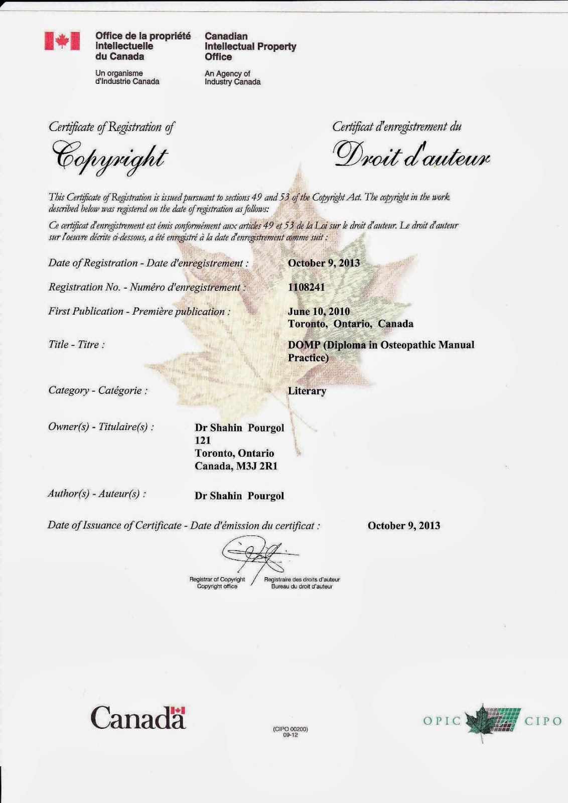 National Academy of Osteopathy (Canada): We Own the Copyright to DOMP