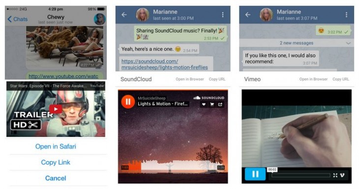 Telegram ya reproduce videos de Youtube y Vimeo