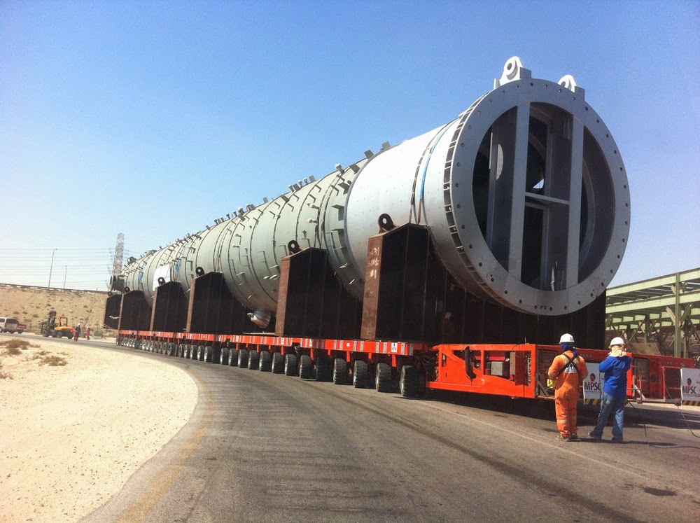 Almajdouie two 36-axle SPMTs transport four 1,394 tonnes advanced gas ...