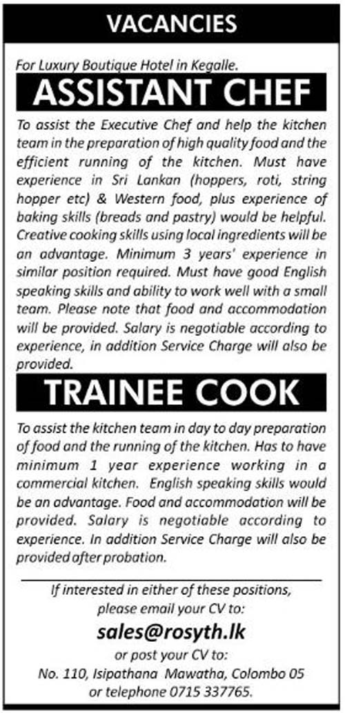 Vacancies for Assistant Chef and Trainee Cook for a luxury hotel