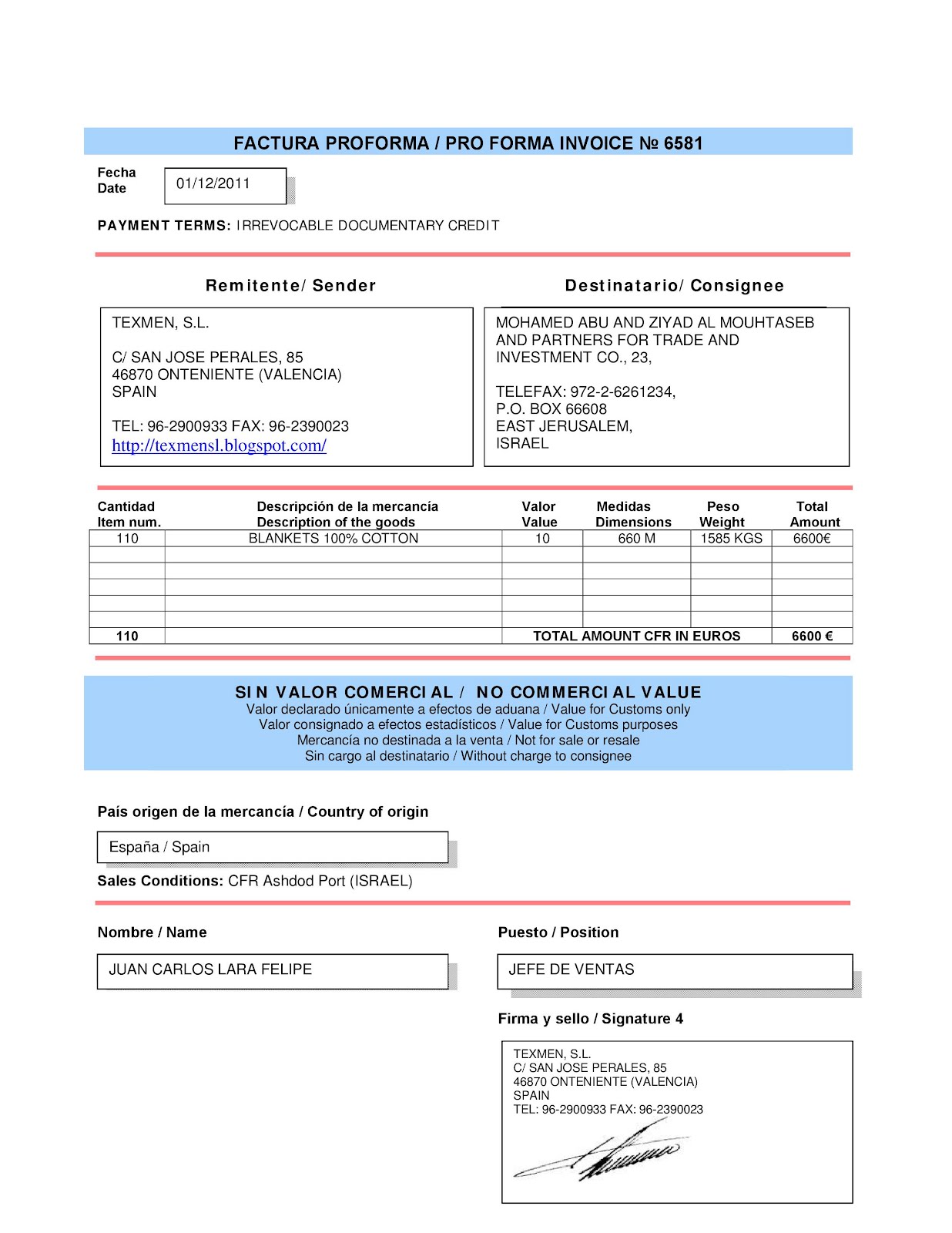 TEXMEN, S.L. (EXPORTACIÓN A ISRAEL): 2. FACTURA PROFORMA