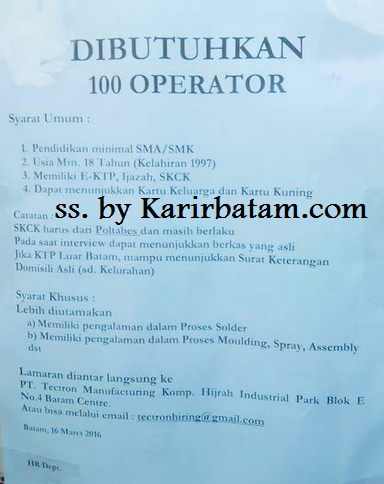 Lowongan Kerja PT. Tectron Manufacturing (Maret 2016) - Lowongan Kerja ...