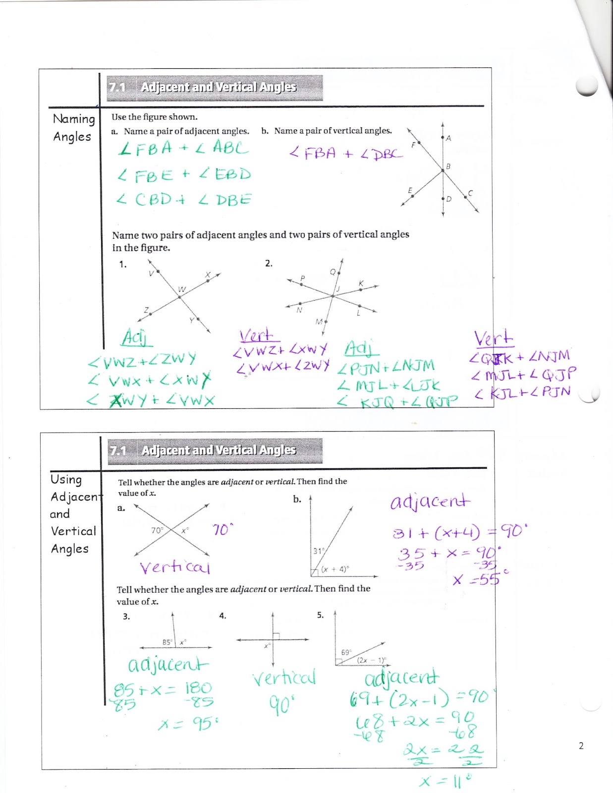 Ms. Jean's Classroom Blog: Math 7 Chapter 7.1 Adjacent and Vertical Angles