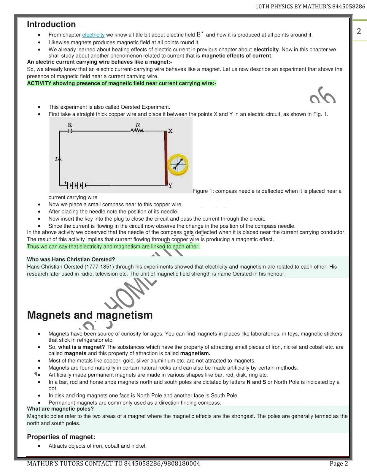 Class 10 Physics Notes MAGNETIC EFFECT OF ELECTRIC CURRENT Chapters 13 ...